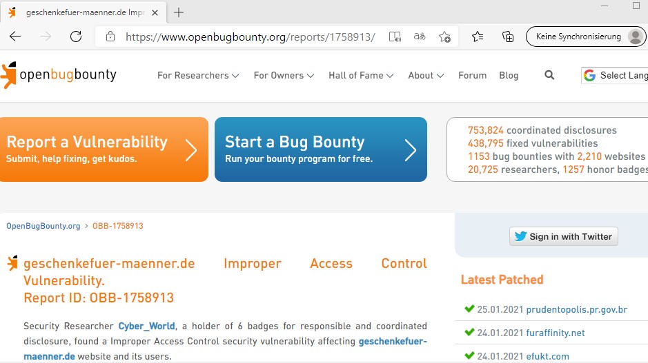 Security Vulnerability Notification Open Bug Bounty - www.hop2.de